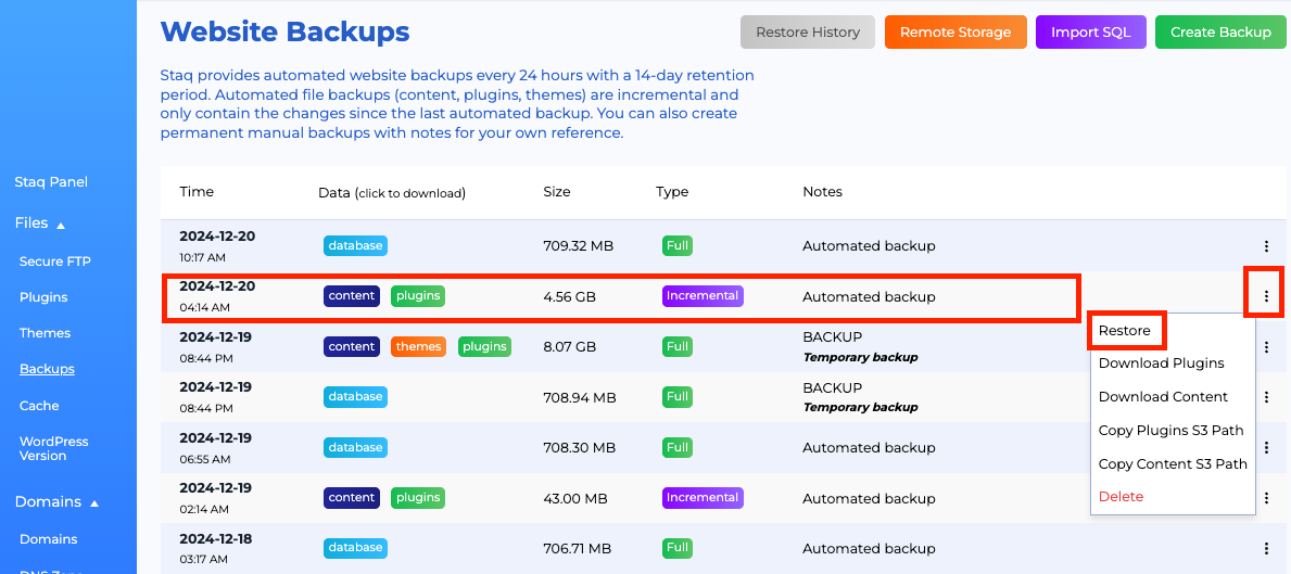 Restoring a backup - Managed WordPress Hosting Platform
