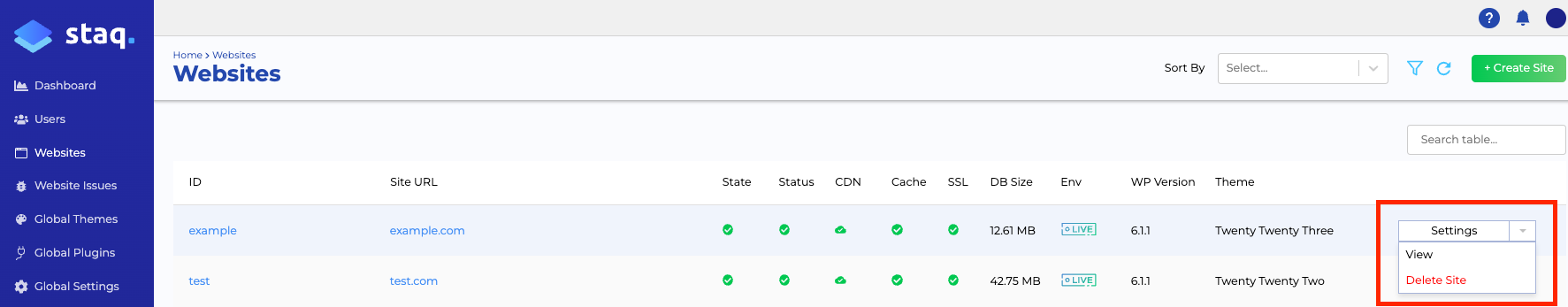 How to delete a site in Staq - Staq Knowledge Base